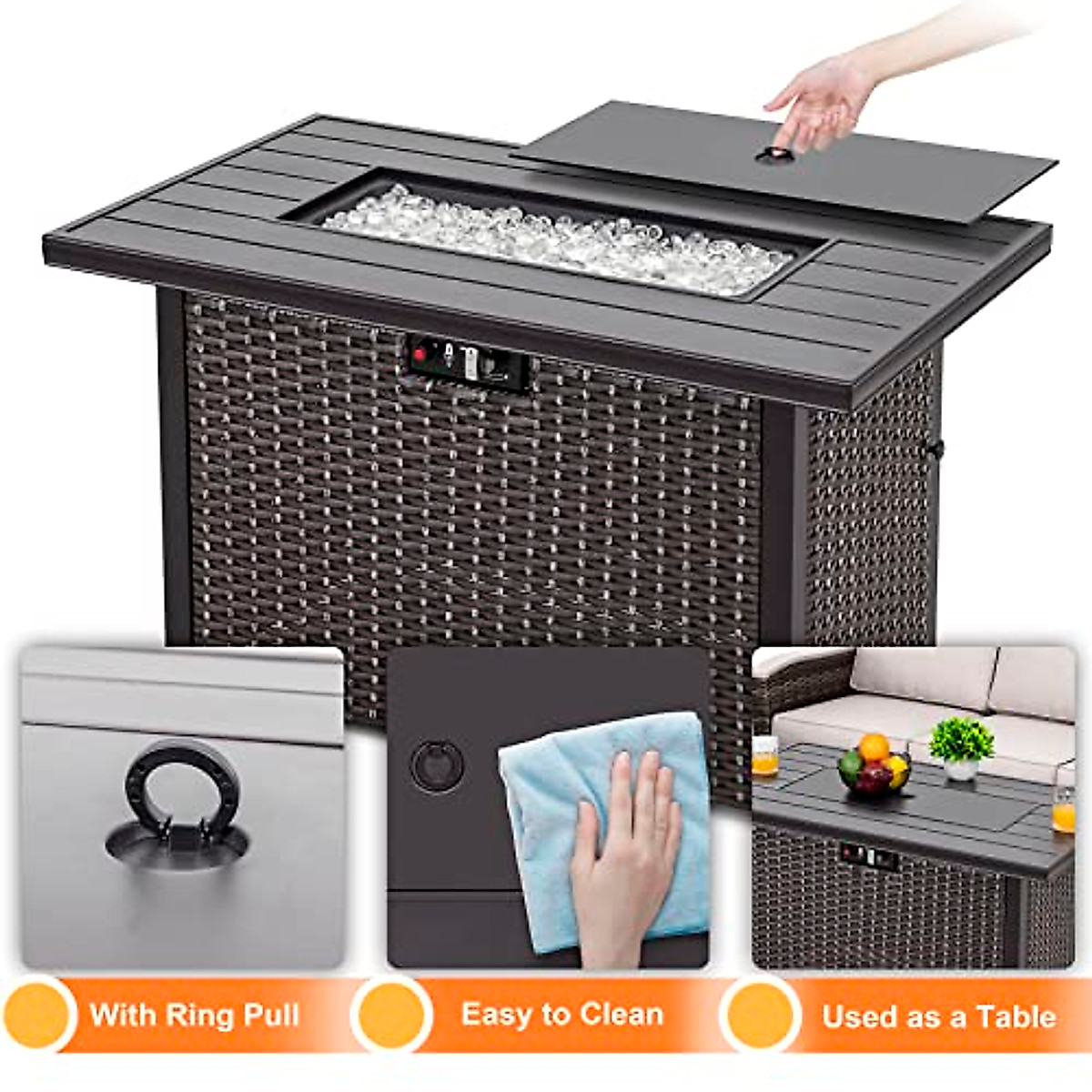 Nuu Garden 43-inch Propane Fire Pit Table, 50,000 BTU Aluminum Gas Fire Table with Lid, Cover and Glass Beads, Rectangle Firepit for Garden, Patio, Backyard, Deck, Dark Black