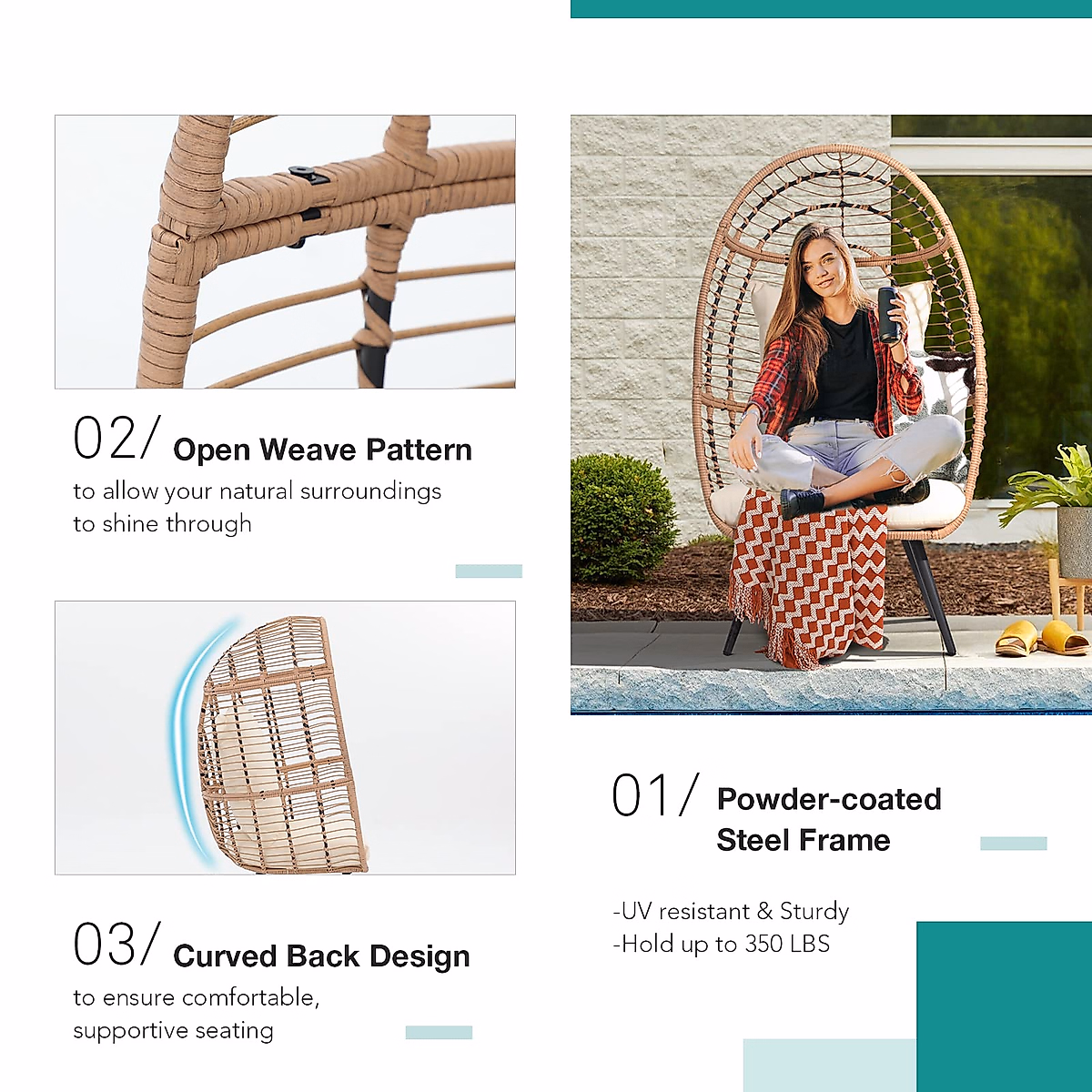 Patiorama Wicker Egg Chair Outdoor Indoor, Rattan Lounge Chair for Outside w/Legs Cushion, Basket Wicker Chair for Bedroom Living Room Front Porch Backyard Garden 350 lbs Capacity (Creamy White)