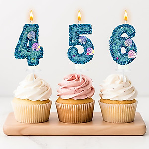 laackys Blue Shell Sequin Number Candle Birthday Cake Number Candle for Mermaid Theme Party, Wedding, Birthday Party Party, Party Decoration Supplies (4)