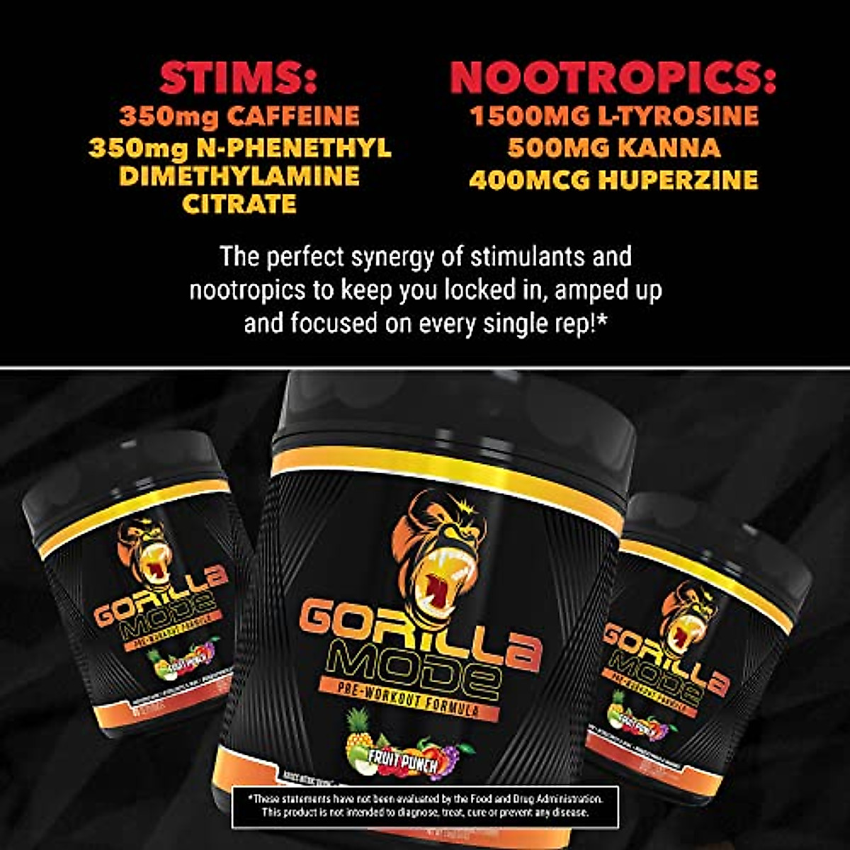 Gorilla Mode Pre Workout - Massive Pumps · Laser Focus · Energy · Power - L-Citrulline, Creatine, GlycerPump™, L-Tyrosine, Agmatine, Kanna, N-Phenethyl Dimethylamine Citrate - 604 Grams (Cherry)