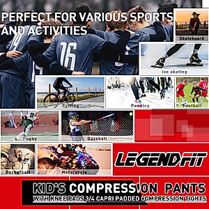 Legendfit Youth Kids Pants with Knee Pads Basketball Compression 3/4 Capri Padded Leggings Sport Tights Boys Girls White