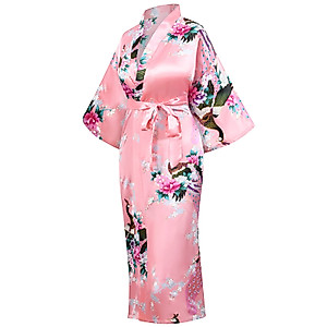 Heone Japanese Long Kimono Satin Peacock Printed Lightweight Cardigan Jacket Coat Loose Yukata Cloak Bathrobe Tops folding fans Tabi Socks Set(Coralred XL-5XL)