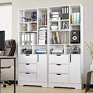 SEJOV Stylish White Bookshelf, 71" Tall Bookshelf with Doors and 3 Drawers, Wood Bookshelf with 4-Tier Open Shelves, for Bedroom Living Room Entrance Hallway Home Office
