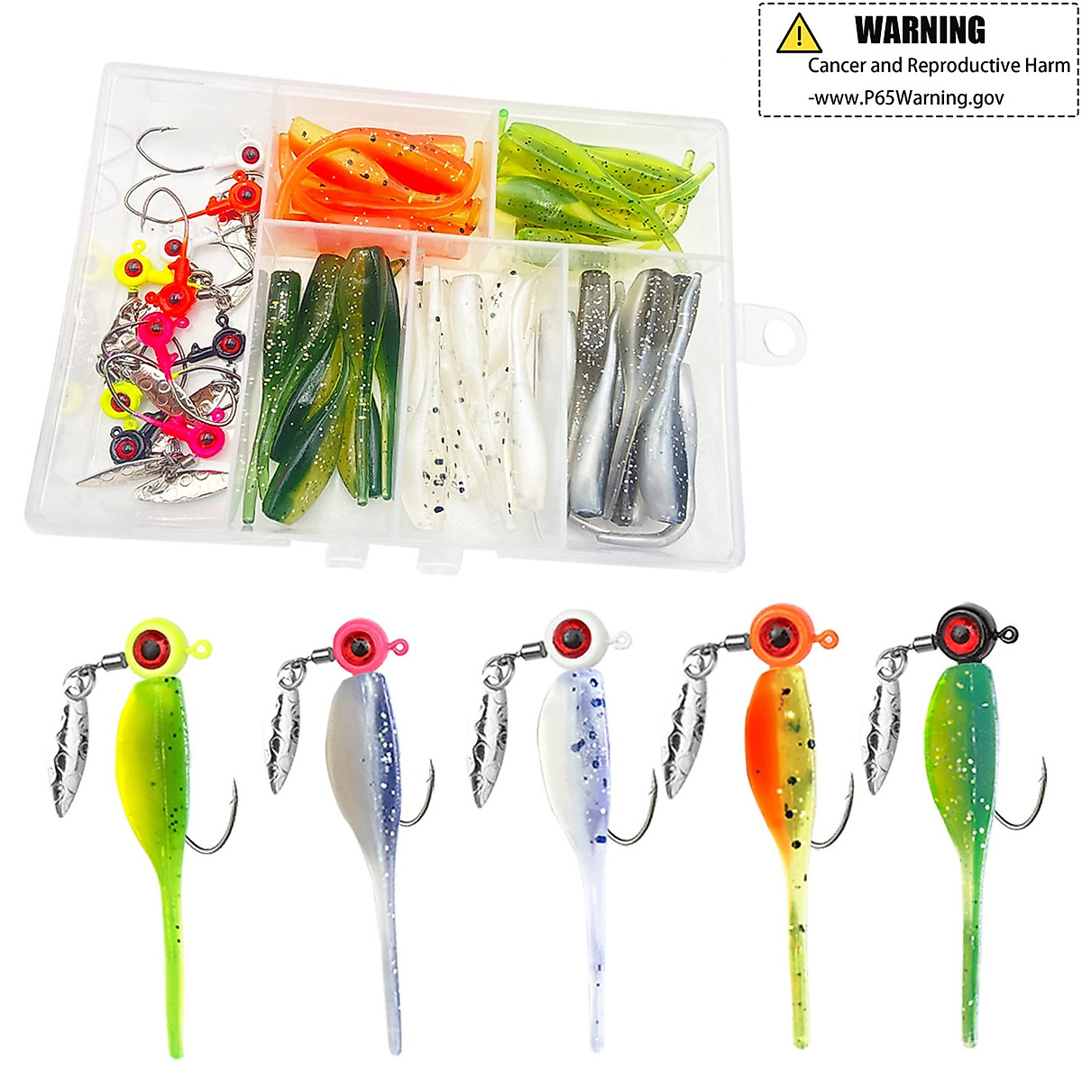 50Pcs Crappie Jigs Lure Set 2 inch Crappie Bait Crappie Jig Heads Hooks Fishing Lures for Crappie (B:10pcs 1/8oz jigs and 40pcs Lures)