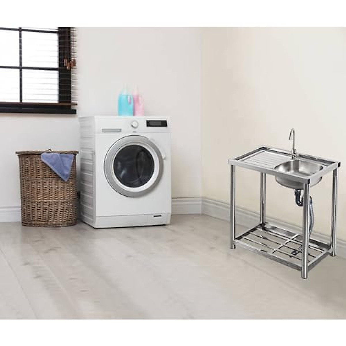 Stainless Steel Utility Sink,Single Bowl Free Standing Commercial Garage Laundry Room Indoor Outdoor Kitchen Sinks,Washing Hand Basin with Cold and Hot Water,for Farmhouse,Shop,Bathroom,Bar,Camping (