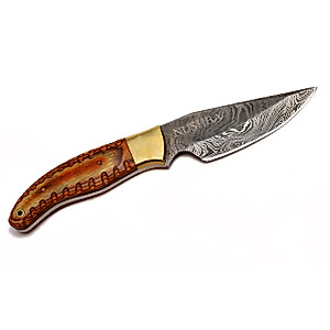 NUSHBA 014 handmade Damascus Steel Hunting Skinner knife with Cow Brown Leather Sheath Fixed blade knives for men