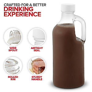Stock Your Home Glass Milk Bottle with Lid and Handle 40oz (1 Pack), 2 Reusable Caps, Milk Container for Refrigerator, Glass Juice Bottles, Water, Almond Milk Storage Bottle, Glass Milk Jug