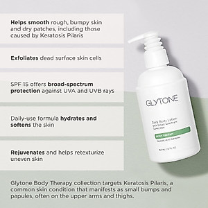 Glytone Daily Body Lotion Broad Spectrum SPF 15 with Glycolic Acid & Shea Butter, Retexturizing Moisturizer, Fragrance Free, 12 oz.