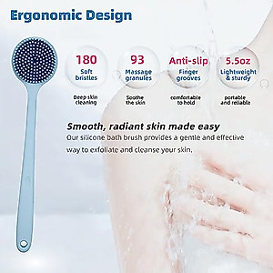 HEDONLEE Silicone Back Scrubber for Shower, Silicone Body Scrubber, Silicone Bath Body Brush with Long Handle and Hook, Dual-Sided Shower Brush for Men and Women (Blue)