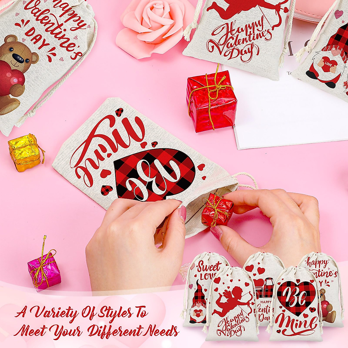 20 Pieces Valentine's Day Gift Bags with Drawstring Linen Cloth Candy Jewelry Pouches Sacks Small Muslin Bags with Heart Tag Labels for Valentine's Day Party Favors Wedding Bridal Shower (4 x 6 Inch)