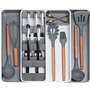 Kitchen Drawer Organizer, Silverware Organizer Utensil Organizer, Large Expandable Cutlery Organizer in Drawer, Adjustable Plastic Flatware Spoon Fork Storage Tray for Kitchen Gadgets Office Supplies