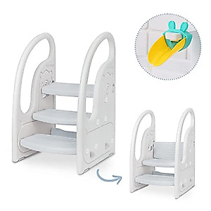 Toddler 3 Step Stool Onasti Kids Standing Tower for Toddlers Plastic Learning Helper Stool for Kitchen Counter Bathroom Sink Toilet Potty Training with Handles and Non-Slip Pads-Grey White