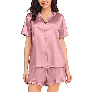 SWOMOG Women's Silk Satin Pajamas Set Short Sleeve Button Down Sleepwear Ruffle Hem Shorts PJ Sets Two-Piece Bride Loungewear Misty Rose