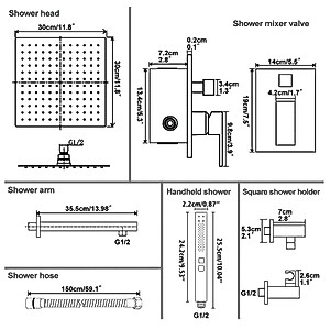 RUMOSE Matte Black Rainfall Shower System Fixture 12 Inch High Pressure Square Shower Head with 2 in 1 Handheld Spray Wall Mount Brass Bathroom Shower Faucet Set with cUPC Certified Rough-in Valve