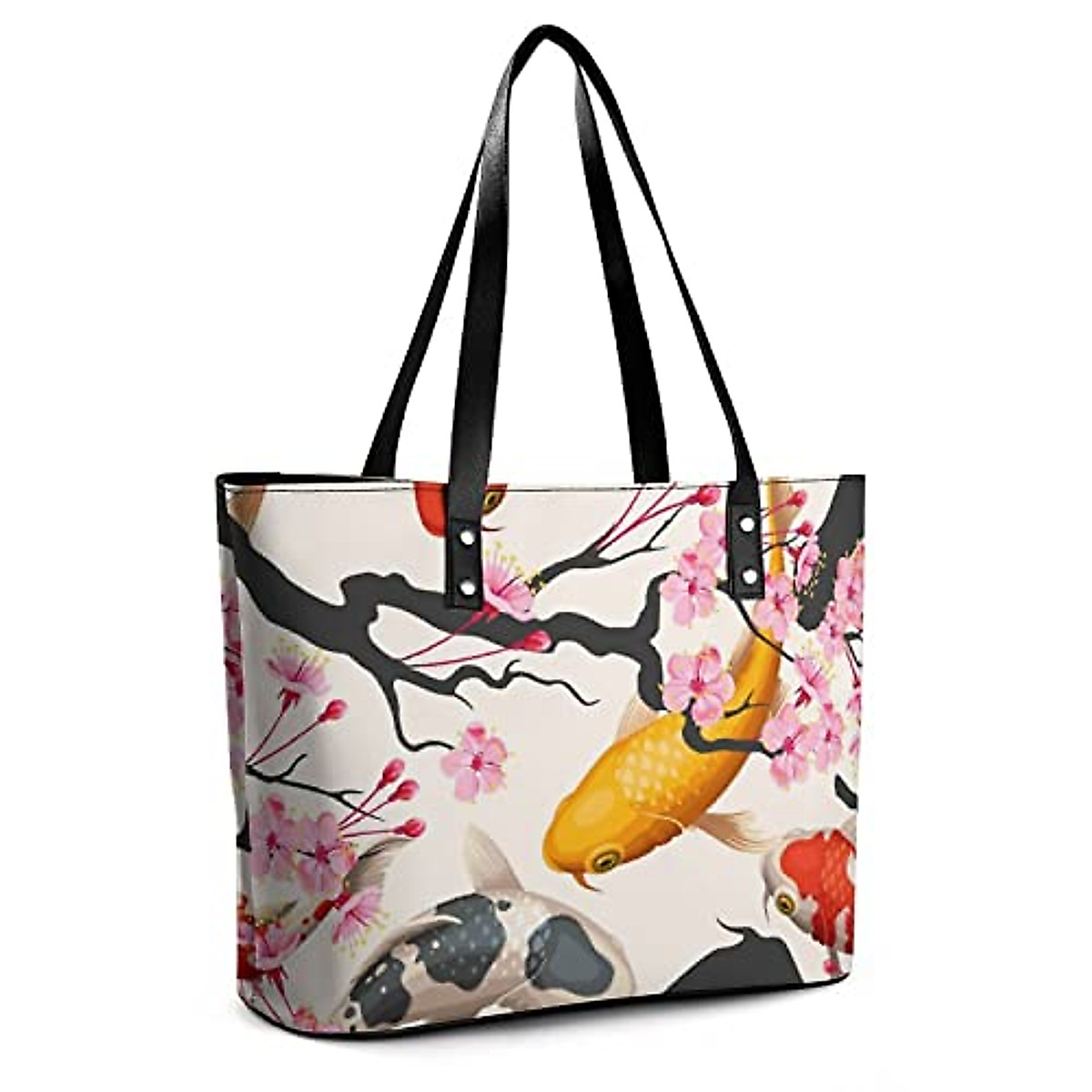 Womens Handbag Fish And Blossom Cherry Pattern Leather Tote Bag Top Handle Satchel Bags For Lady