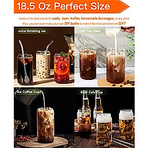 4 Pcs Drinking Glasses with Bamboo Lids(6) and Glass Straws(4) - 18.5 Oz Can Shaped Glass Cups Beer Glasses Ice Coffee Glasses Cute Tumbler Cup Great for Soda Boba Tea Cocktail Include Cleaning Brush