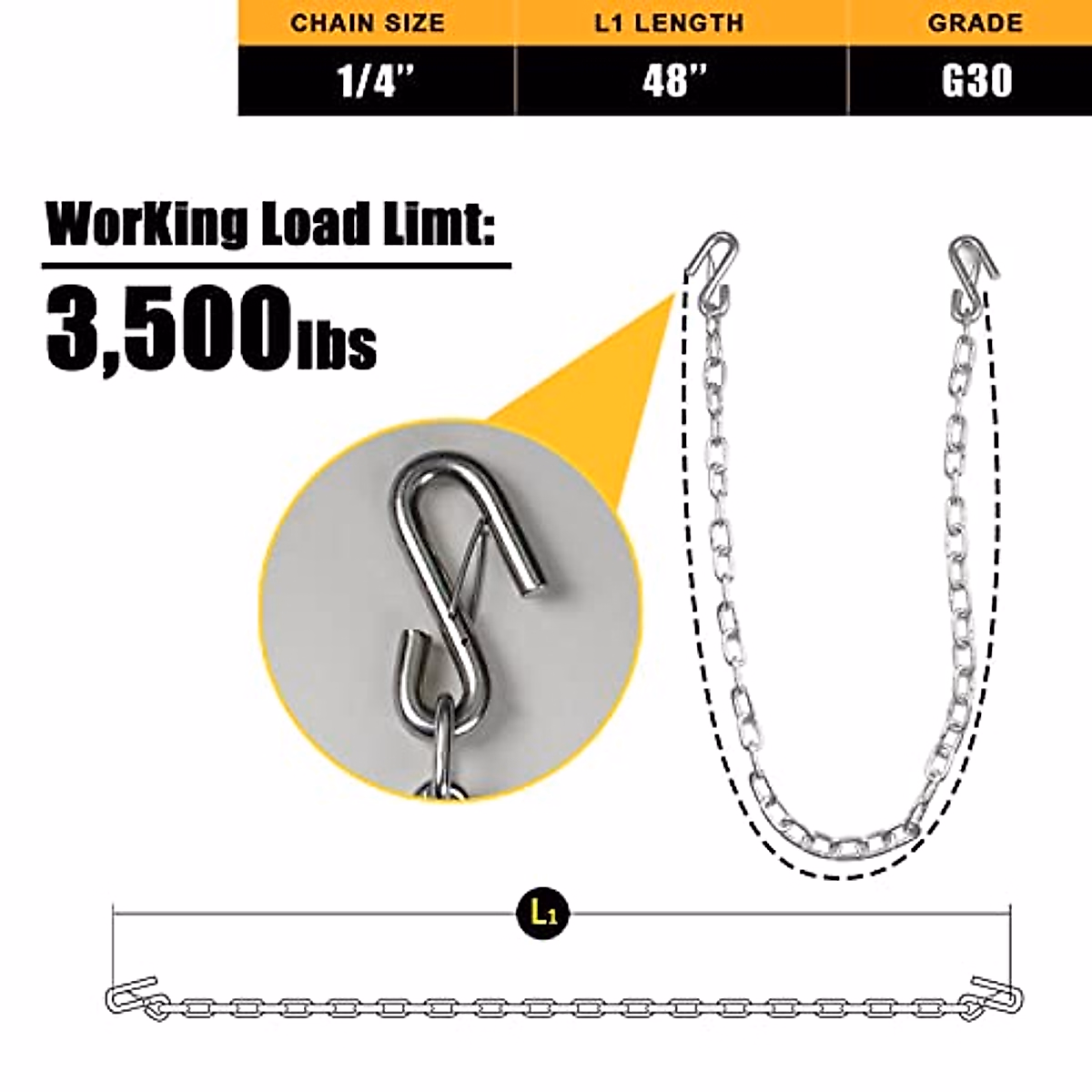 AYMMIC 1/4'' x 48''Trailer Safety Chain with 2 Latches S Hook,3,500Lbs Capacity,G30,Secures Tow Vehicle to Trailer,for RV, Trailer, Truck,and Boat Towing