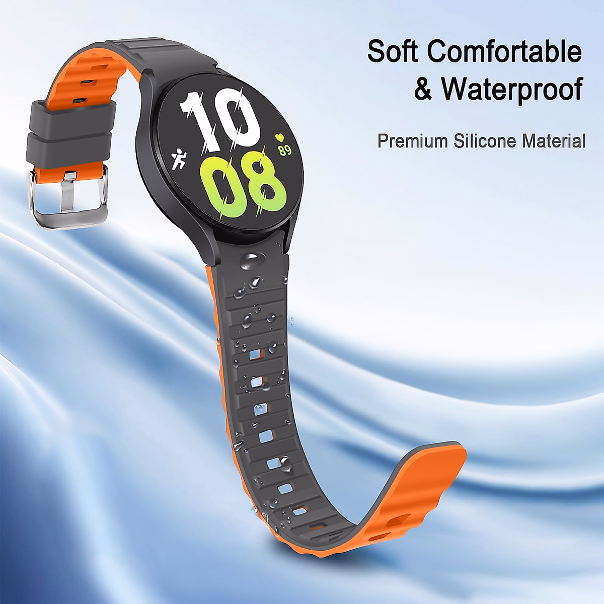 Tasikar No Gap Bands Compatible with Samsung Galaxy Watch 7/6/5/4 Band 40mm 44mm/Watch 6 Classic Band 43mm 47mm/Watch 5 Pro/4 Classic, Soft Silicone Sport Strap for Women Men, Grey Orange