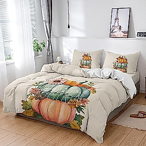 Thanksgiving Pumpkin Fall Plant Duvet Cover Sets 4 Piece Queen Ultra Soft Bed Quilt Cover Set for Kids/Teens/Women/Men,Farm Watercolor Floral Vintage Linen Bedding Collection All Season Use