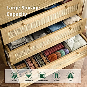 infurnic 3 Drawer Rattan Dresser for Bedroom, Modern Wooden Dresser Chest with Handles for Bedroom, Hallway and Living Room, Wood Oak