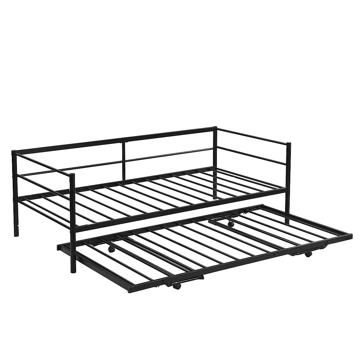 ATY Twin Size Daybed with Adjustable Pop Up Trundle, Sturdy Metal Bedframe w/Safety Guardrail, Perfect for Dorm,Guest Room, Bedroom, Easy Assemble, Black