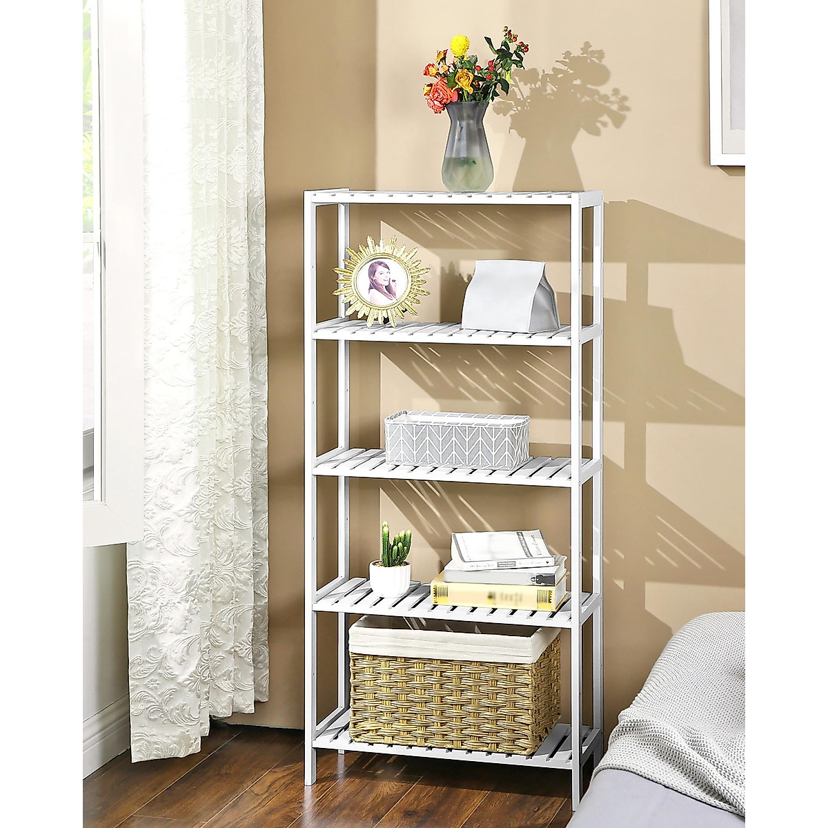 SONGMICS Bamboo Storage Shelf, 5-Tier Shelving Unit, Multifunctional, in The Entryway, Bathroom, Living Room, Balcony, Kitchen, 10.2 x 23.6 x 51.2 Inches, White UBCB35WT
