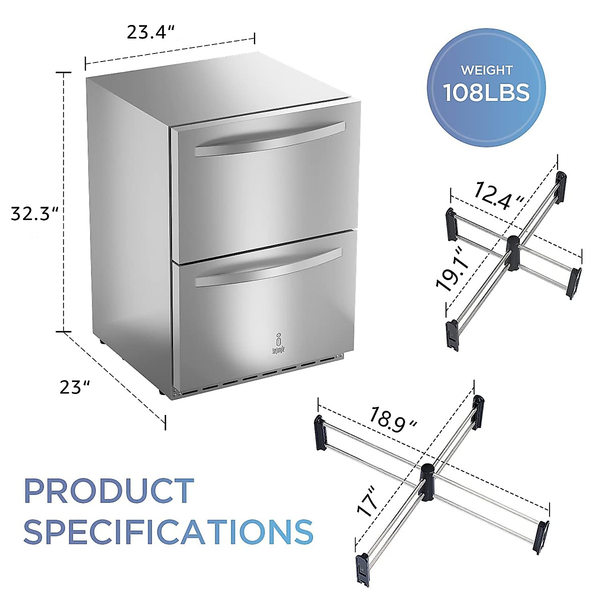 ICEJUNGLE Indoor and Outdoor Refrigerator, Digital Touch LED Display Under Counter 24'' Built-in Beverage Refrigerator Double Drawer Fridge Stainless Steel Silver