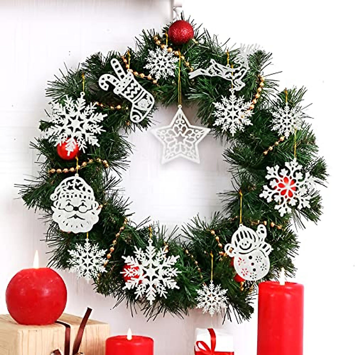 Christmas Tree Decoration Snowflake Ornaments - 42pcs White Glitter Christmas Snowflake Tree Stocking Snowman Reindeer Santa Hanging Ornaments for Xmas Winter Wonderland Holiday New Year Party