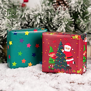 LeZakaa Reversible Christmas Wrapping Paper - Jumbo Roll - Santa Claus and Gnome & Colorful Star in Green - 24 inches x 100 Feet (200 sq.ft.)