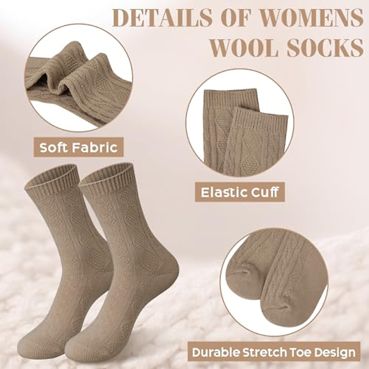 Justay 5 Pairs Womens Wool Thick Warm Winter Socks, Casual Cozy Vintage Knit Crew Socks Gift for Women