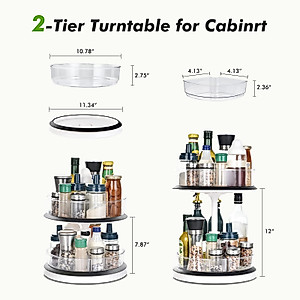 aceyoon 2 Tier Lazy Susan Organizer Spice Racks, 11'' Turntable Cabinet Organizer Height Adjustable with 3 Divided Bins for Kitchen Pantry Bathroom Makeup Organizing Container(Clear)