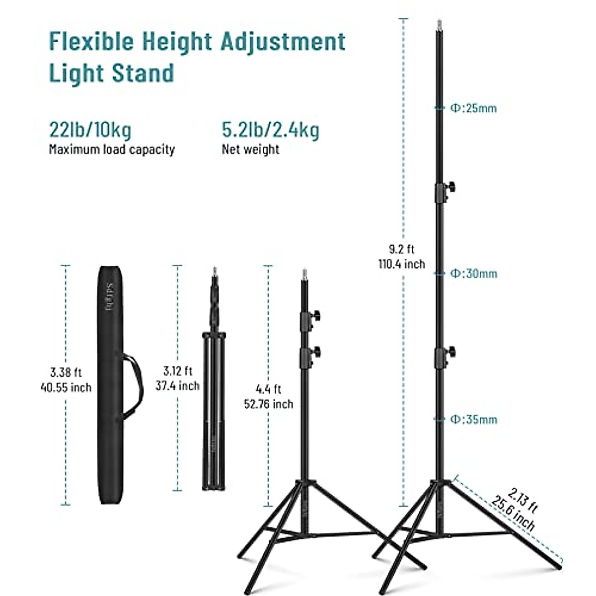 Heavy Duty 9.2 Feet/110'' Light Photography Tripod Stand, Sdfghj Aluminum Spring Cushioned Lighting Stand with Carry Bag for Relfectors Portrait, Softboxes, Umbrellas, Backgrounds, Flash, 280CM