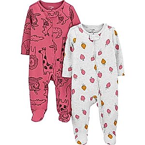 Simple Joys by Carter's Baby Girls' 2-Way Zip Thermal Footed Sleep and Play, Pack of 2, Dark Rose Forest Animals/Grey Strawberries, Newborn