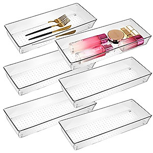6 Pack Clear Plastic Drawer Organizer Makeup Drawer Organizer 15 x 6 x 2 Inch Long Stackable Drawer Organizers Cutlery Utensil Storage Bins Desk Drawer Organizer Tray for Makeup Kitchen Silverware