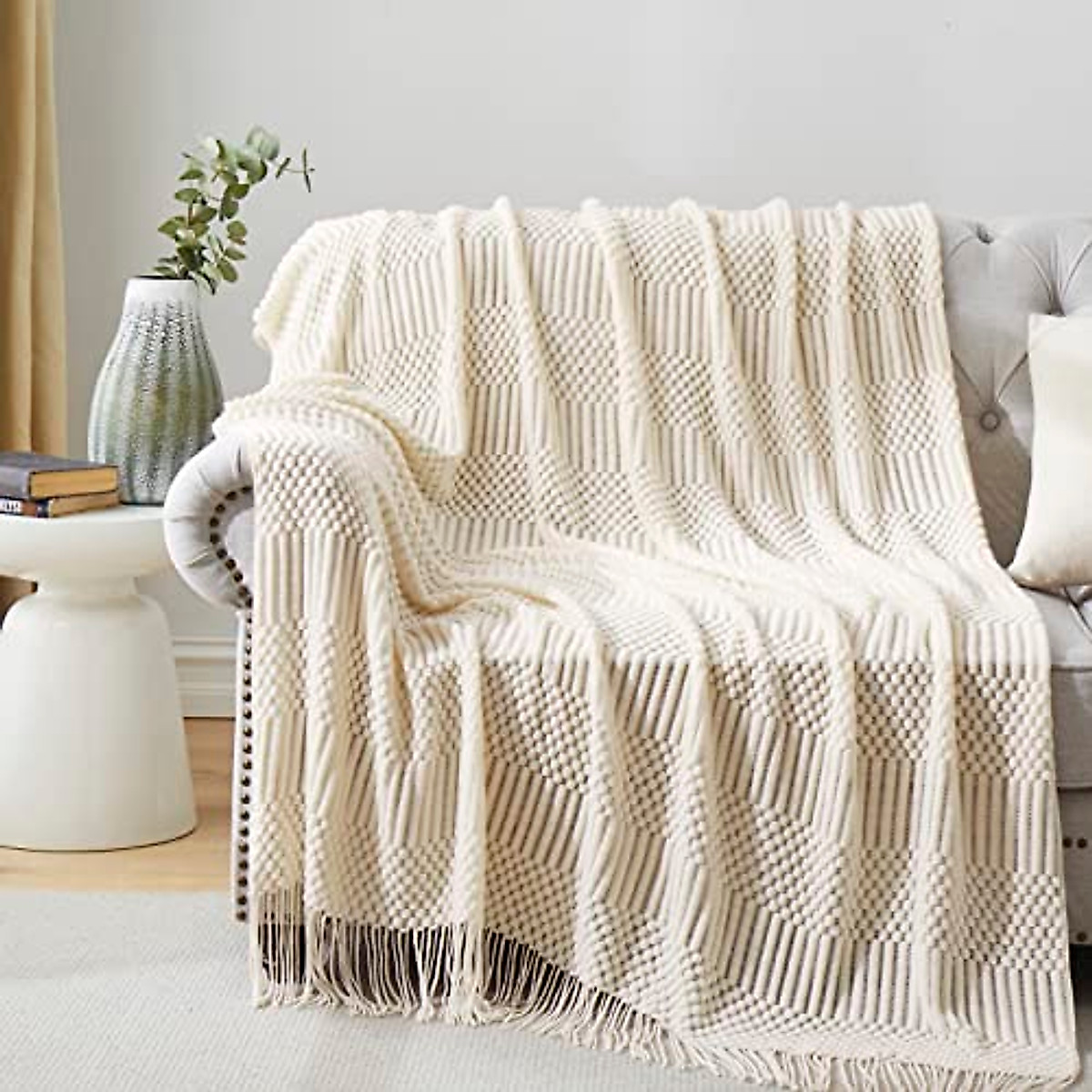 HommxJF Off White Knitted Throw Blankets for Couch, Bedroom and Officeroom,Textured Fade Resistant Soft and Warm Decorative Knitted Blankets with Tassel,50"x60"
