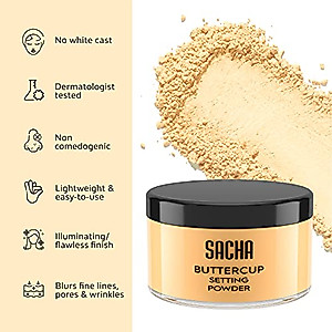 Sacha BUTTERCUP Setting Powder. No Ashy Flashback. Blurs Fine Lines and Pores. Loose, Translucent Face Powder to Set Makeup Foundation or Concealer. For Medium to Dark Skin Tones, 1.25 oz.