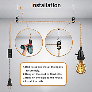 Zevnico 16.5FT Pendant Light Kit, Hanging Lights with Plug in Cord & Switch, Hemp Rope Swag E26 Socket Pendant Lamp, Extension Lantern Cable Vintage Farmhouse Industrial Retro DIY Decoration Fixtures
