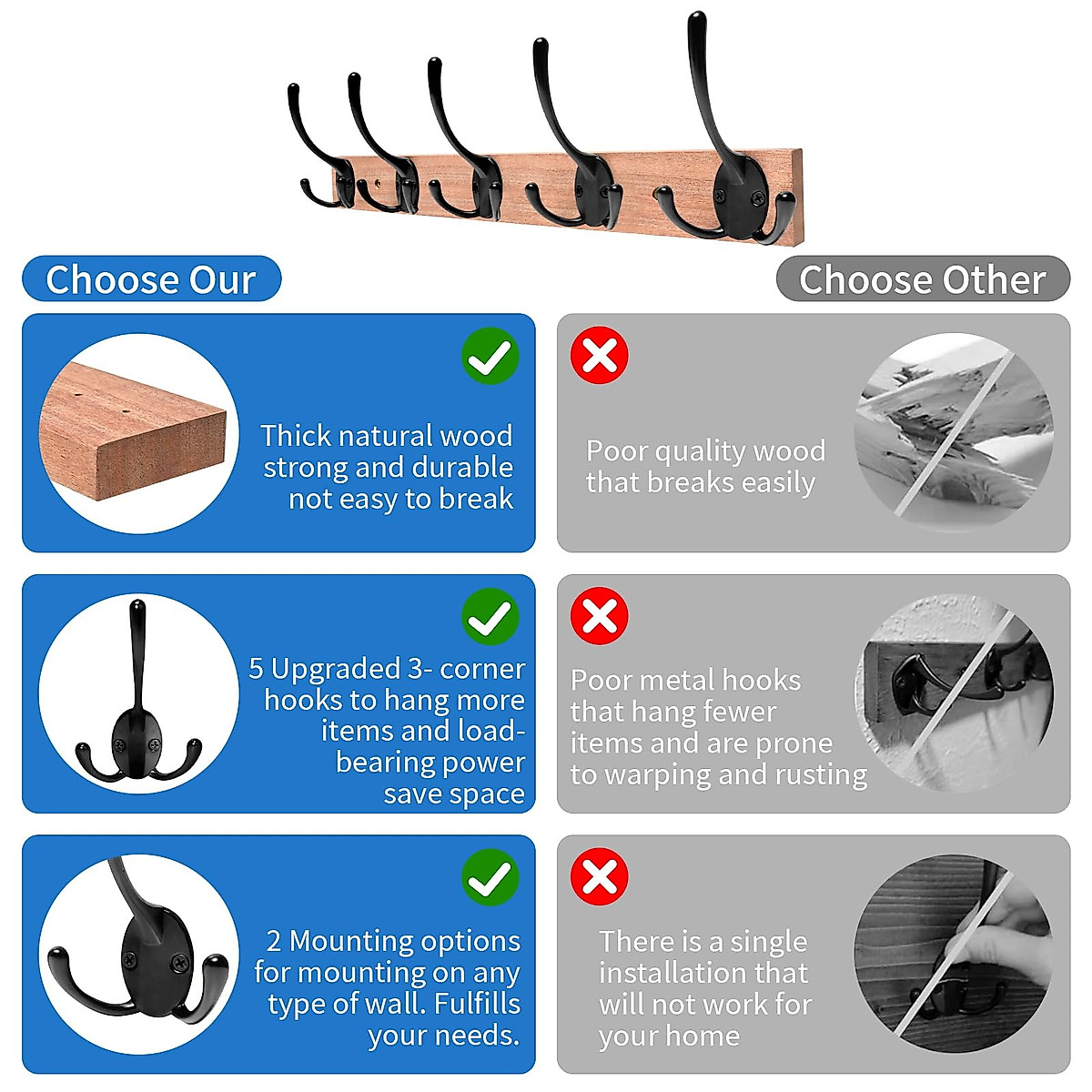 Coat Rack Wall Mounted, Entryway Wall Clothes Rack Hooks with 5 Heavy Duty Metal Three Hooks, Wooden Coat Hooks Wall Mount with 2 Mounting Types for Hanging Jacket, Backpack, Towel, Keyholder, Hats