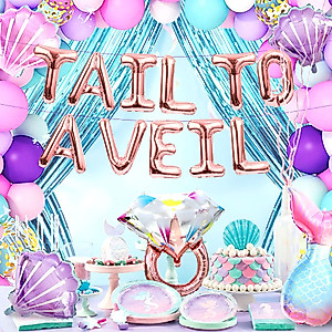 LaVenty 126 PCS Tail To Veil Bachelorette Decoration Mermaid Bachelorette Decoration Tail To Veil Balloons Bride To Be Sash for Mermaid Engagement Bridal Shower Party Blue Tinsel Curtain