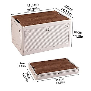 Radefasun Foldable Storage Bins with Wood Lids Plastic Collapsible Storage Box with Cutting Board Portable Stackable Grocery Container Folding Latching Storage Crate with Removable Pulley (L, Khaki)