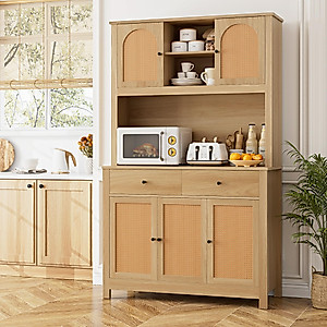 FINETONES 71" Kitchen Pantry Cabinet, Pantry Cabinet with Microwave Stand & Charging Hole, Freestanding Kitchen Hutch with Drawers and Adjustable Shelves, Kitchen Rattan Cabinet for Kitchen, Walnut