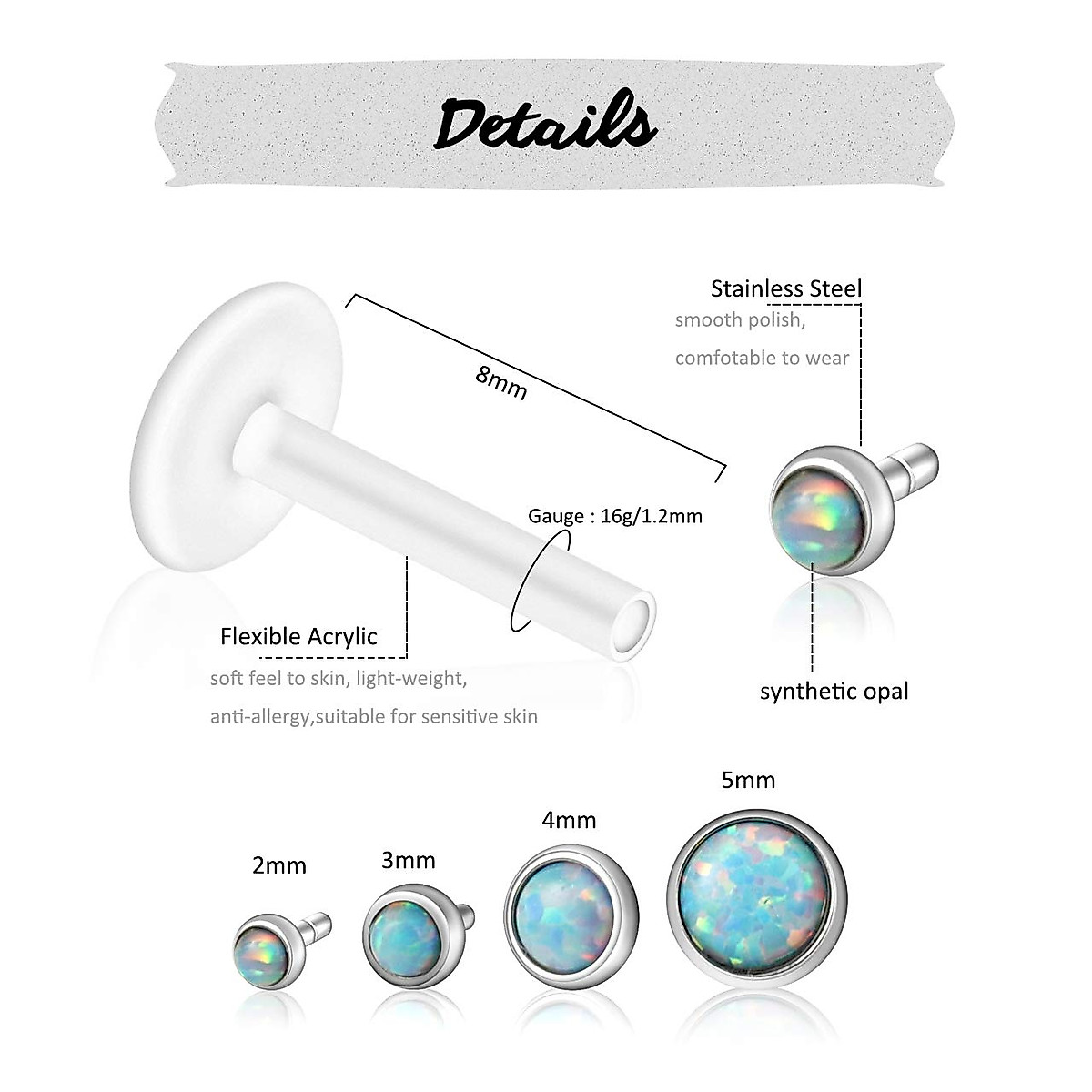 PiercingJ 8-10pcs 16G Stainless Steel + UV Flexible Acrylic Opal Crystal Tragus Retainer Flexible Acrylic Lip Ring Labret Monroe Studs Tragus Helix Cartilage Barbell Earrings