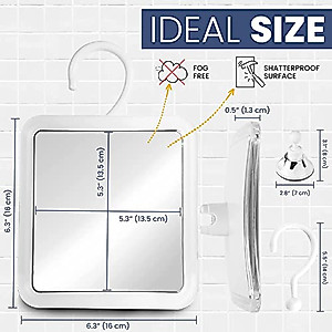 Fogless Shower Mirror for Shaving with Upgraded Suction, Anti Fog Shatterproof Surface and 360° Swivel - Includes Optional Hook Accessory To Transform Suction Mirror Into Hanging Mirror - 6.3" x 6.3"
