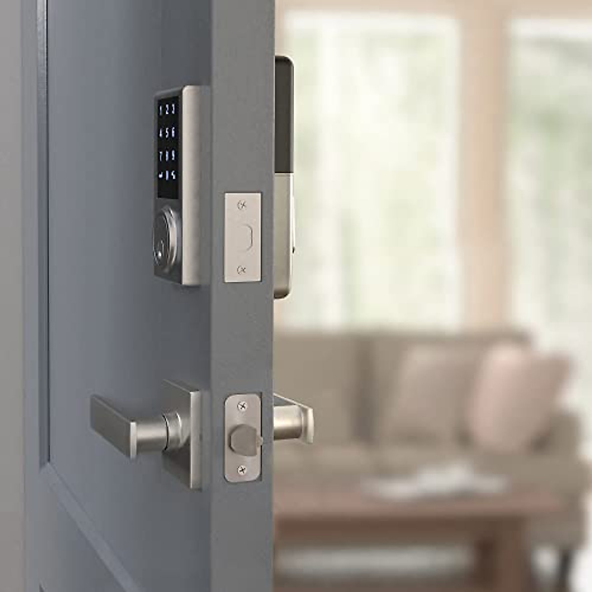 Amazon Basics Grade 3 Electronic Touchscreen Deadbolt Door Lock with Passage Lever - Satin Nickel