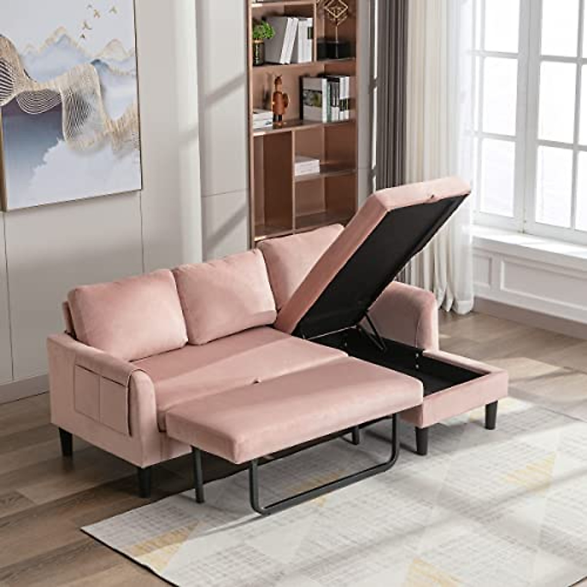 PEIHONGET Sleeper Sectional Sofa, 72.44" Velvet L-Shape 3 Seat with Pull Out Bed, Sectional Sofa Couch with Storage Chaise Living Room Bedroom Apartment(Pink)