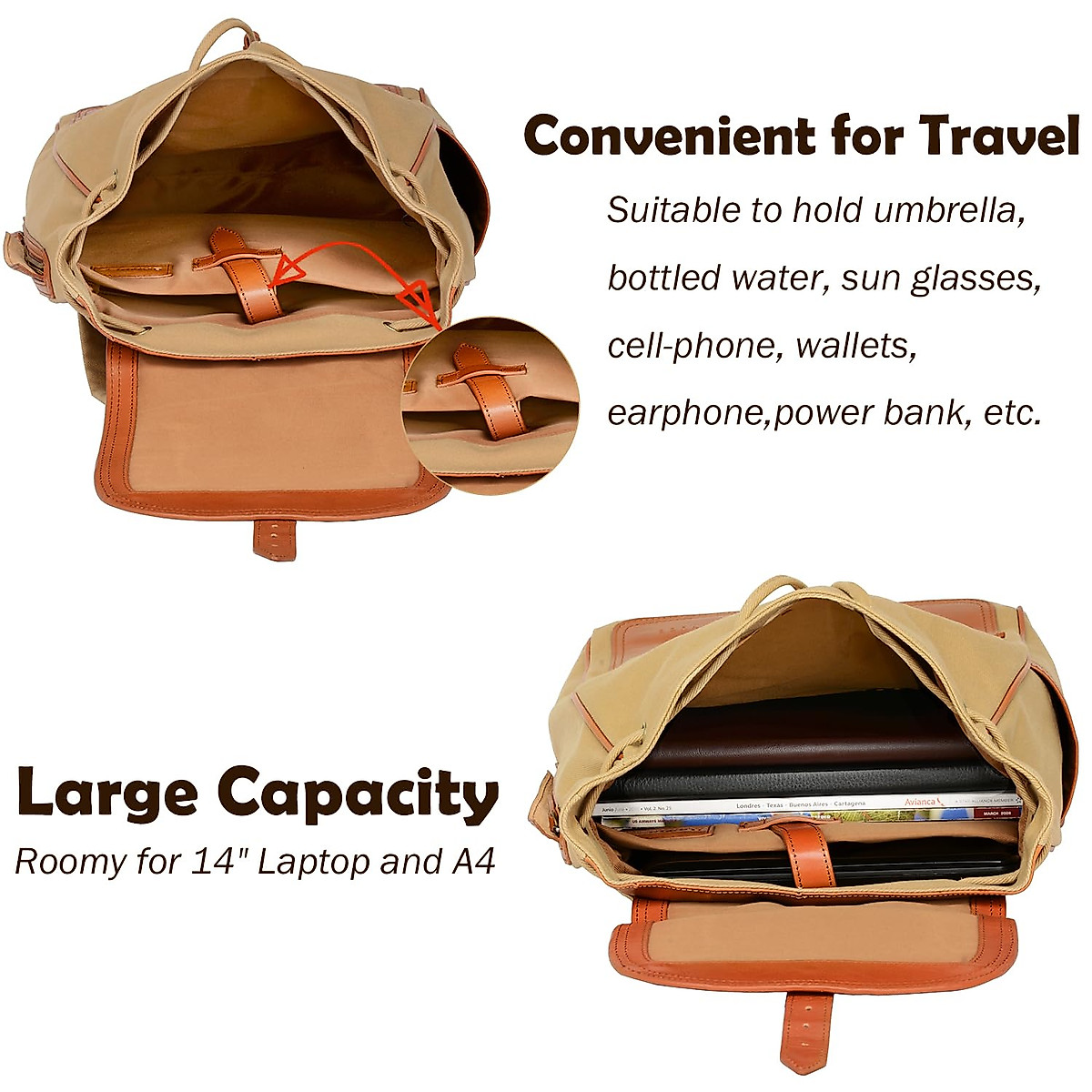 Banuce Canvas Leather Backpack for Men Women Casual Travel Daypack Knapsack Outdoor Rucksack