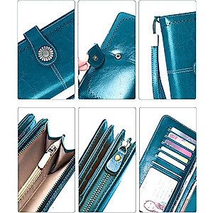 UMODE Large Capacity RFID Blocking Genuine Leather Wallets for Women with Wristlet Trifold Ladies Billfold with Zipper