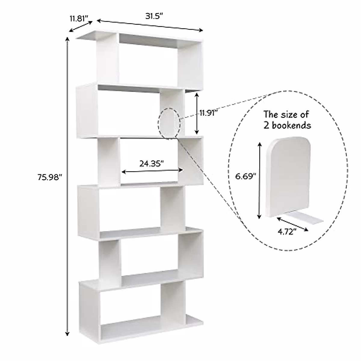 Boloni Geometric Bookcase with 2 Bookends, 6 Tier Modern Bookshelf, 76in Tall White Bookshelf, Freestanding Lego Display Shelves