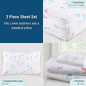 Wildkin Kids 100% Cotton Flannel Twin Sheet Set for Boys & Girls, Bedding Set Includes Fitted Sheet, Top Sheet & Pillow Case, Bed Sheets for Cozy Cuddle (Unicorn)