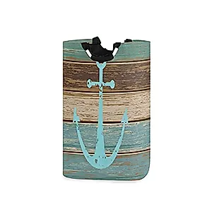 Nautical Anchor Large Laundry Hamper, Wooden Texture Laundry Baskets with Handle, Oxford Storage Basket, Portable Folding Clothes Hamper for Nursery, College Dorm, Bedroon, Bathroom
